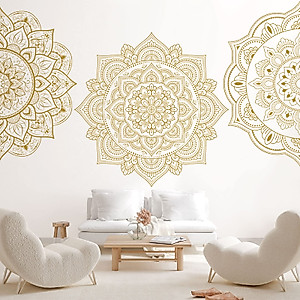 4 Pcs Half Mandala Wall Decal Boho Mandala Wall Sticker Hippie Mandala Vinyl Wall Decals Flower Wall Stickers Headboard Wall Decoration Indian Namaste Flower for Bedroom Living Room Yoga (Gold)