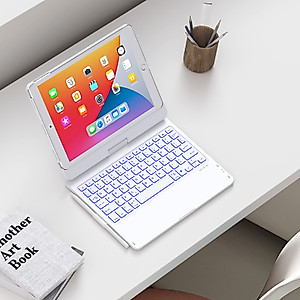 CHESONA for iPad 9th Generation Case with Keyboard, 360° Rotatable, 7 Color Backlit, Slim Cover, Apple Pencil Holder, Keyboard for iPad (8th/7th Gen 10.2 Inch), Air 3rd Gen, Pro 10.5 inch