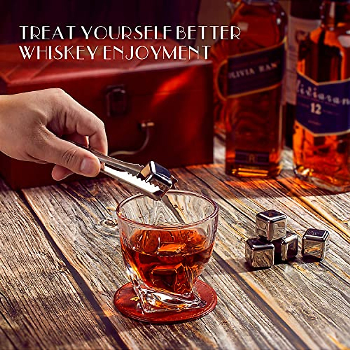 Whiskey Gifts for Men Dad, Whiskey Set with Leather Box, 6 Whiskey Stones, 10 OZ Whiskey Glass, Whiskey Stones Gift Set for Men, Husband, Boyfriend, Birthday, Anniversary, Father's Day or Christmas