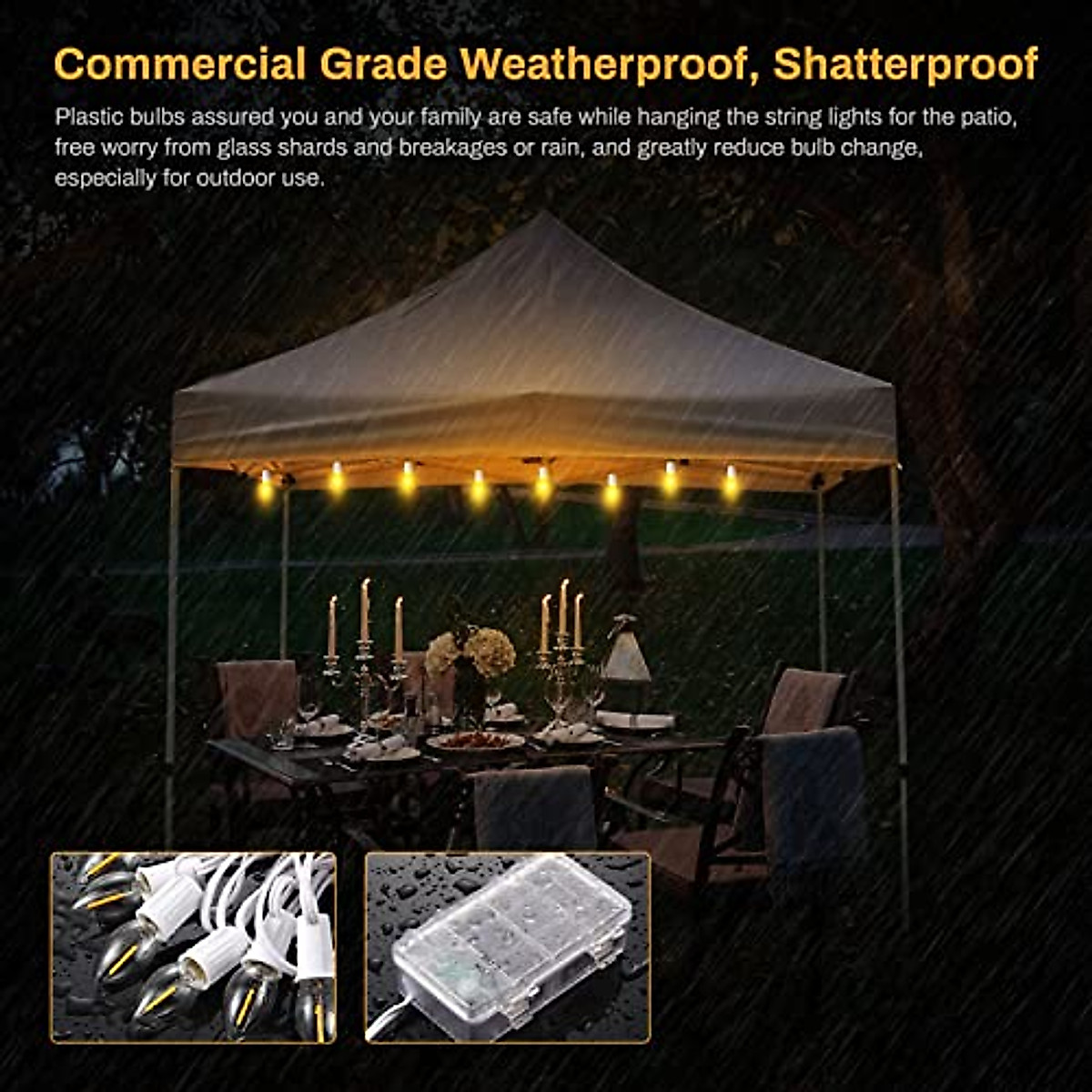Eliteemo LED Canopy and Umbrellas Lights, 23 Ft LED Outdoor String Lights with Shatterproof Plastic 8LED C7 E-12 Light Bulbs, Waterproof, C Battery Powered, Super Bright to Display at Night Outdoors