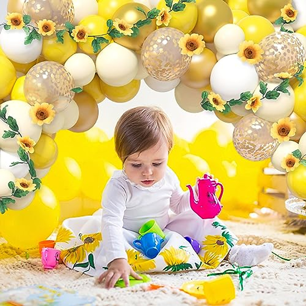 Ouddy Party 101Pcs Sunflower Baby Shower Decorations for Girls Boys Sunflower Balloons Garland Arch Kit Yellow Balloons with You Are My Sunshine Banner Sunflower Vine for Sunflower Party Decorations