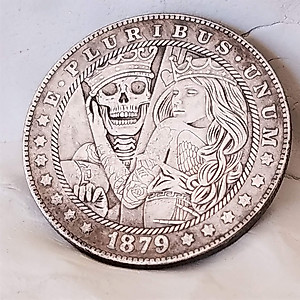 1879 Tattoo Princess with Her Skeleton King Art Coin Replica Morgan Silver Dollar Carson City Mint Mark 1.5" (38mm) Collectible with Protective Capsule and Display Stand – Comes with Display Stand