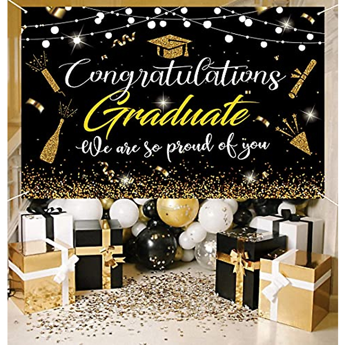 2023 Graduation Party Supplies Graduation Banner Black and Gold Large 71” x 45” Backdrop with Congrats Grad Graduation Decorations Indoor Outdoor