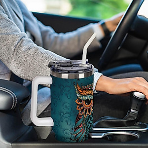 Niapessel Leak Proof Tumbler, Insulated Water Bottles with Straw, Owl Ethnic Insulated Cup with Handle 40 Oz Stainless Steel Flask for School, Travel, Car, Sports, Work