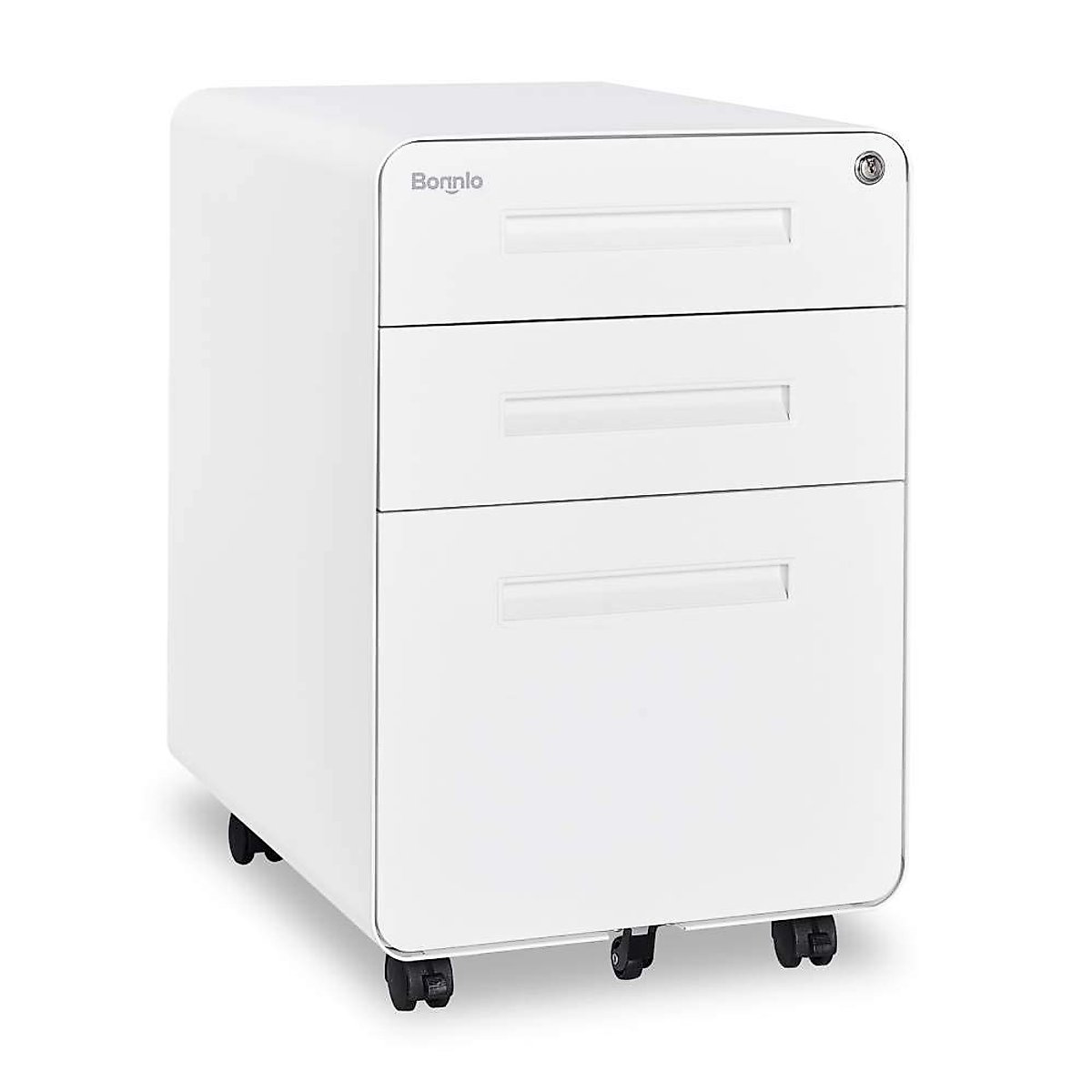 Bonnlo 23.8" H 3 Drawer Rolling File Cabinet with Lock, Mobile File Cabinet Under Desk with Pencil Tray, White Locking File Cabinet for Home Office, Metal Filing Cabinet Printer Stand Fully Assembled