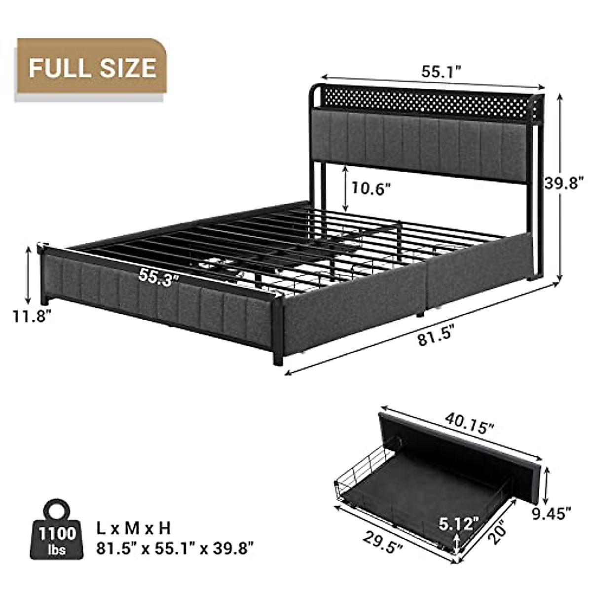 ADORNEVE LED Bed Frame Full Size with Storage Headboard and Outlets, Metal Platform Bed Full with 4 Storage Drawers and RGB LED Lights Headboard, No Box Spring Needed, Noise-Free,Dark Grey