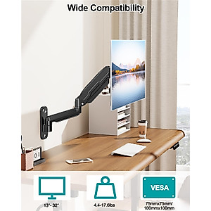 MOUNT PRO Single Monitor Wall Mount for 13 to 32 Inch Computer Screens, Gas Spring Wall Monitor Arm Holds Up to 17.6lbs, Full Motion Adjustable Wall Monitor Mount, VESA Mount 75x75, 100x100