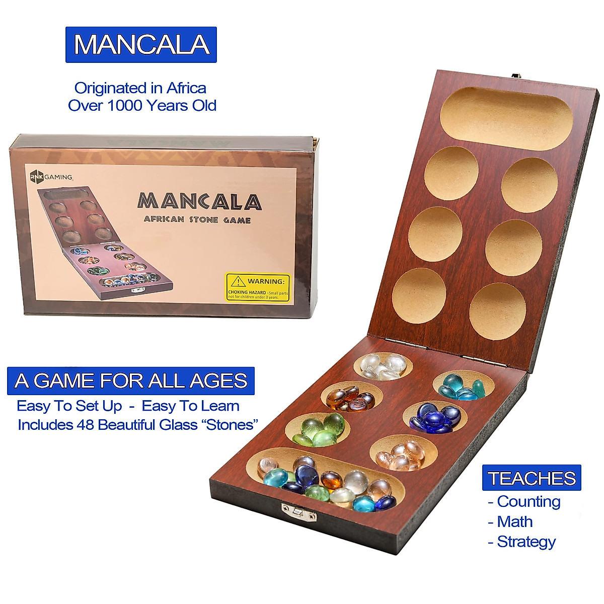 RNK Gaming Mancala Board Game with Folding Wooden Board and Colorful Glass Stones for Adults and Kids
