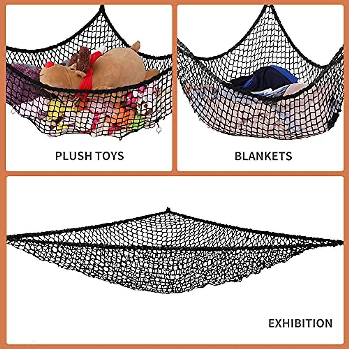 Stuffed Animal Hammock, Toy Hammock Storage Net, LXUNYI Mesh Toy Net Holder Jumbo Wall Corner Giant Baby Kids Children Stuff animals Hammocks Net Organizer for Bedroom (Black, 84 inch)