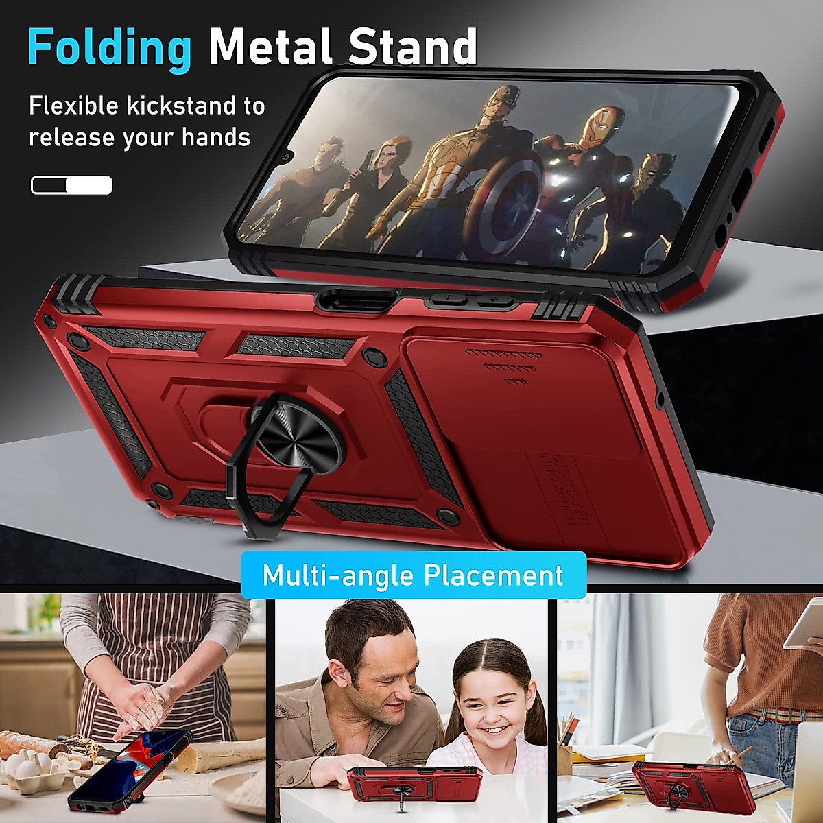 Janmitta Compatible with Samsung Galaxy A14 5G Case Built in Slide Camera Lens Cover and Screen Protector,Heavy Duty Full Body Phone Cover Built in Ring Holder Kickstand,2023 Red