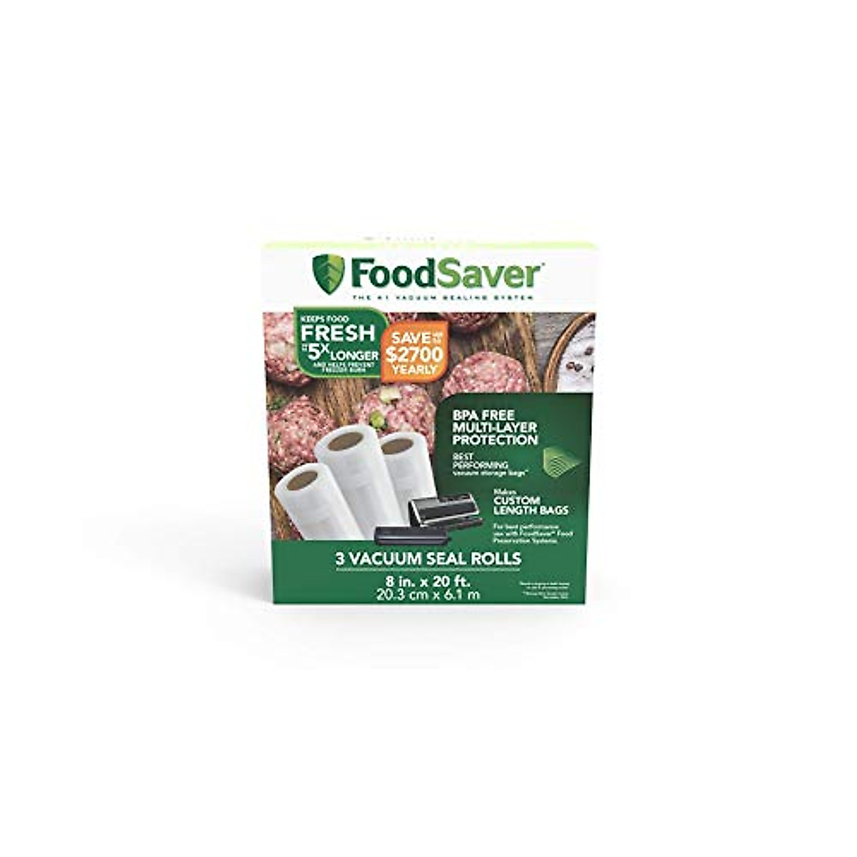 FoodSaver 8" x 20' Vacuum Seal Roll, 3-Pack & 1-Quart Precut Vacuum Seal Bags with BPA-Free Multilayer Construction for Food Preservation, 44 Count