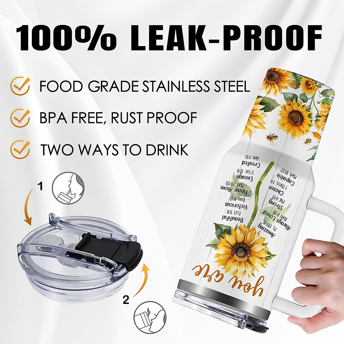 NIAXAUYT Sunflower Christian Gifts for Women, 40 oz Bible Emergency Numbers Tumbler with Lid and Straw, Inspirational Religious Birthday Gifts for You are Cup Christian