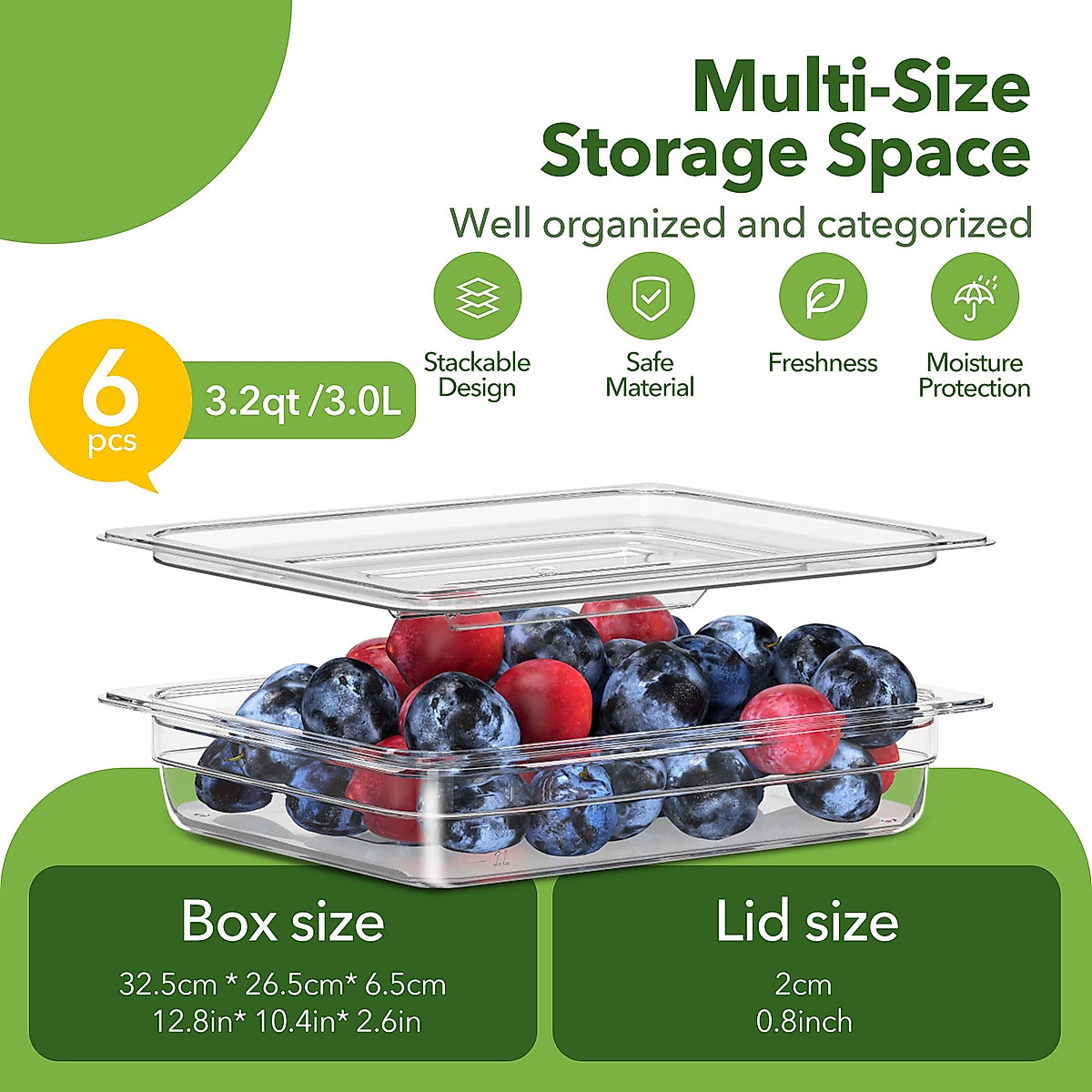 HNEDSEN 6 Pack Plastic Food Pan with Lid 1/2 Size 2.5 Inch Deep Restaurant Clear Food Storage Containers Polycarbonate Commercial Hotel Pans for Fruits Vegetables Beans Corns (6 PCS, 2.5'' Deep)