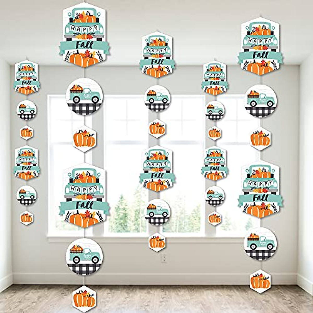 Big Dot of Happiness Happy Fall Truck - Harvest Pumpkin Party DIY Dangler Backdrop - Hanging Vertical Decorations - 30 Pieces