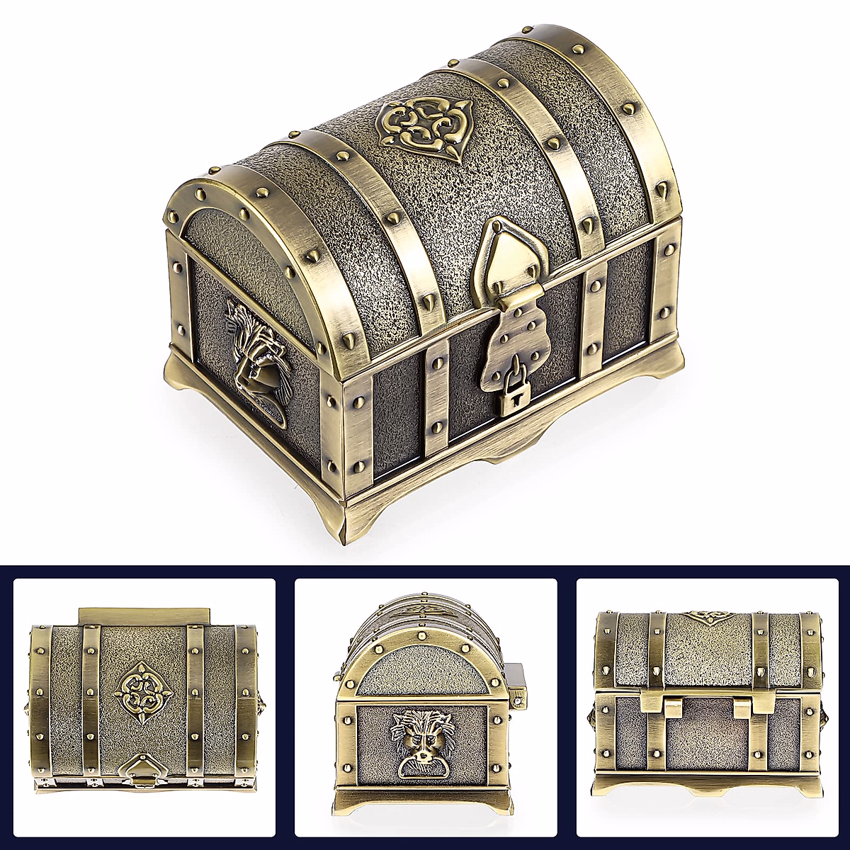 Hipiwe Vintage Metal Jewelry Box Treasure Trinket Chest,Smal Ring Earrings Necklace Keepsake Gift Holder Case for Girls Ladies Women (Bronze, Small)