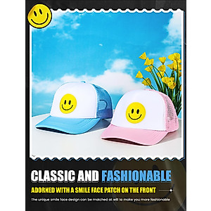 Cozypower 2 Pcs Smile Face Baseball Cap Smile Trucker Hat Mesh Adjustable Baseball Cap Retro Preppy Hats for Women(Blue, Pink, White)