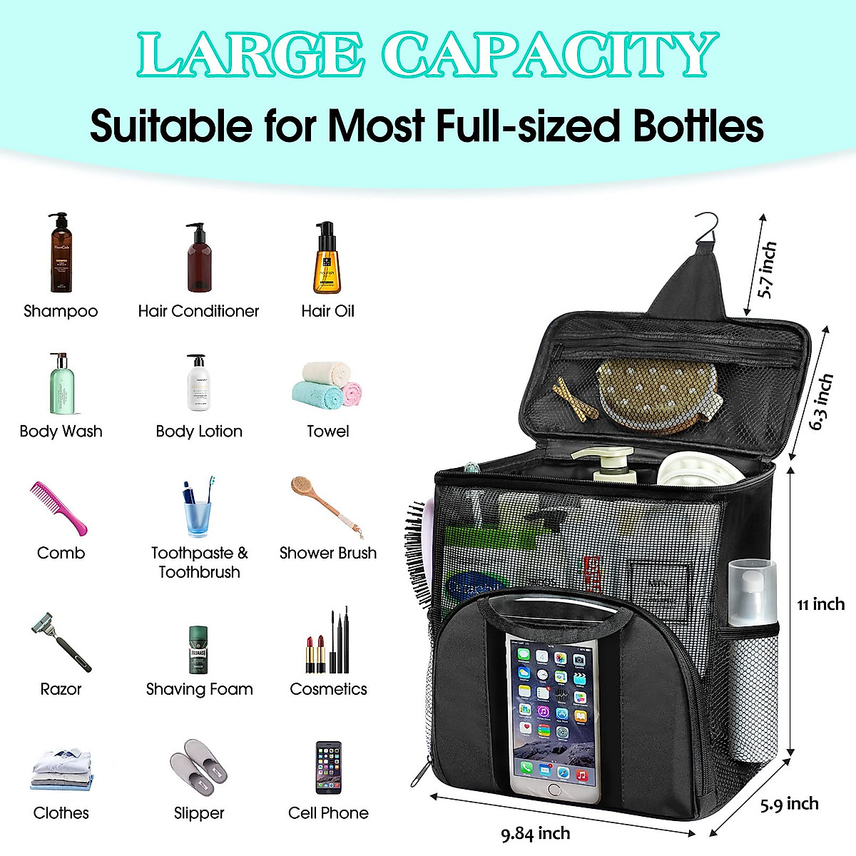 Attmu Portable Shower Caddy College Tote Bag, Quick Dry Hanging Toiletry Bag, Large Capacity Mesh Shower Caddy Portable for College Dorm Room Essentials for Boys and Girls for Bath Camping (Black)