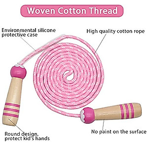 Jump Rope Kids, 7ft Adjustable Cotton Skipping Rope with Wooden Handle for Boys and Girls Fitness Outdoor Exercise (Pink)
