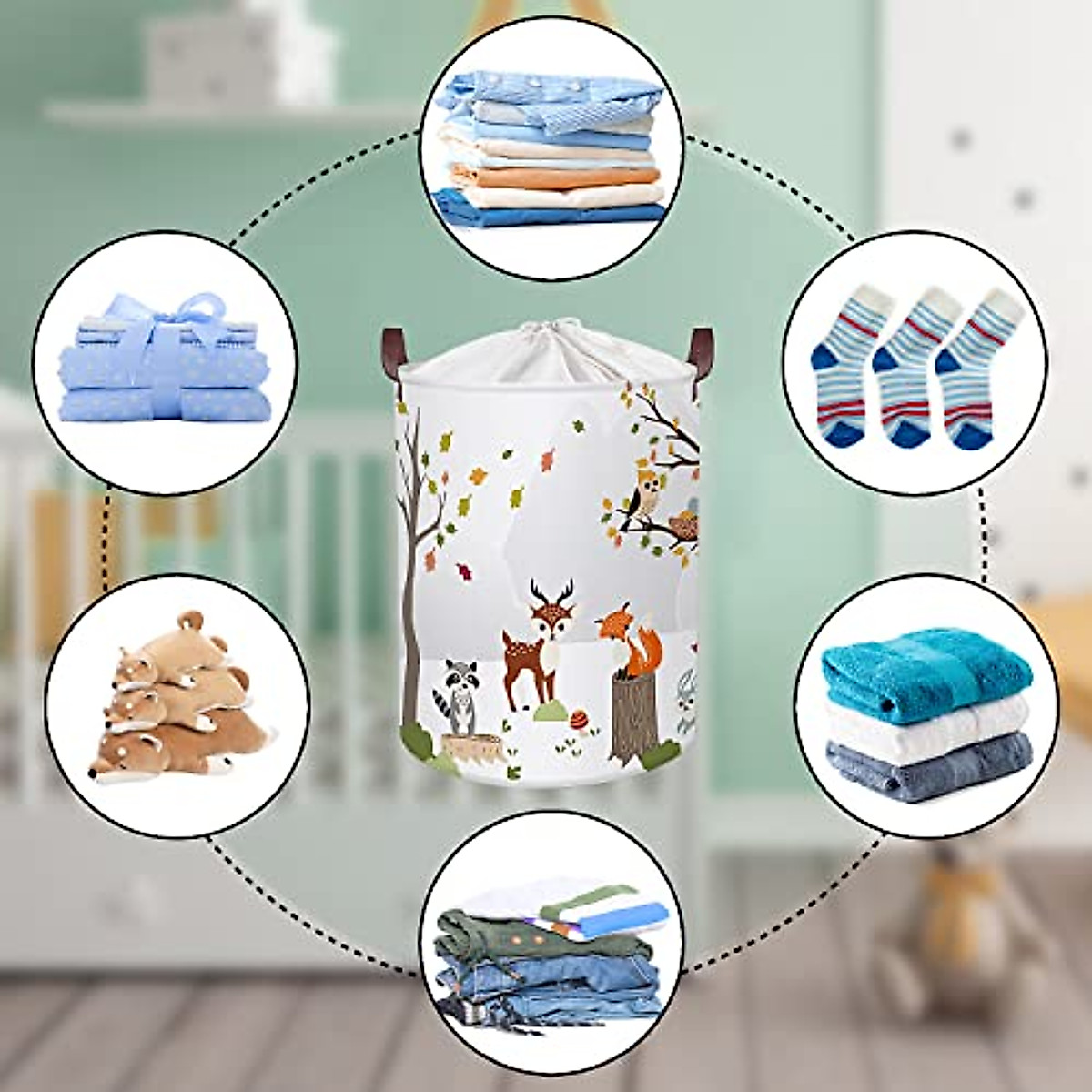 Clastyle 45L Woodland Animals Laundry Basket Collapsible Waterproof Forest Fox Storage Basket with Handle Kids Room Jungle Deer Laundry Hamper with Drawstring, 14 * 17.7 in