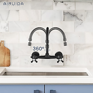 Airuida Wall Mount Kitchen Faucet Matte Black 8 Inch Center Wall Mount Faucet Kitchen with Sprayer Double Cross Handles 360 Degree Swivel Spout Kitchen Mixer Tap Commercial