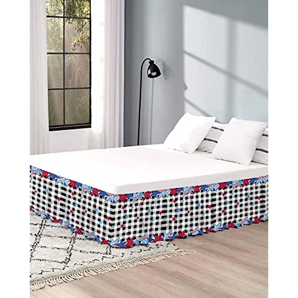Independence Day Bed Skirt Cal King Size 18 Inch Drop,Adjustable & Elastic Wrap Around Bed Skirts Pleated Luxury Dust Ruffles for Twin Full Queen Cal King Bed,Black Buffao Plaid Freedom Stars Flag
