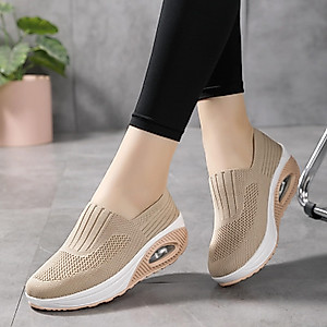 Myallfeet Women's Slip-on Air-Cushion Heightening Thick-Soled Sports and Casual Shoes Mesh Stretch Thick Soled Sneakers Casual Body Shaping Rocker Shoes (Pink,7)