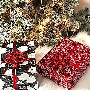 WRAPAHOLIC Christmas Wrapping Paper Roll - Black and Red Retro Santa, Silver Snowflake, HO HO HO Santa Hat Holiday Collection with Metallic Foil Shine - 4 Rolls - 30 Inch X 120 Inch Per Roll