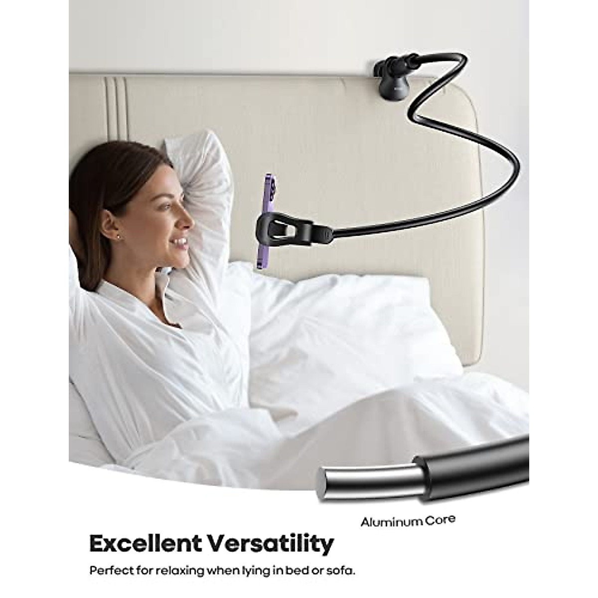 Lamicall Gooseneck Phone Holder for Bed - [Upgraded Stable Clip] for Desk, Headboard, Bed, Bedside, Table, Flexible Gooseneck Long Arm Stand, Overhead Cell Phone Clamp Mount, for All 4-7” Devices