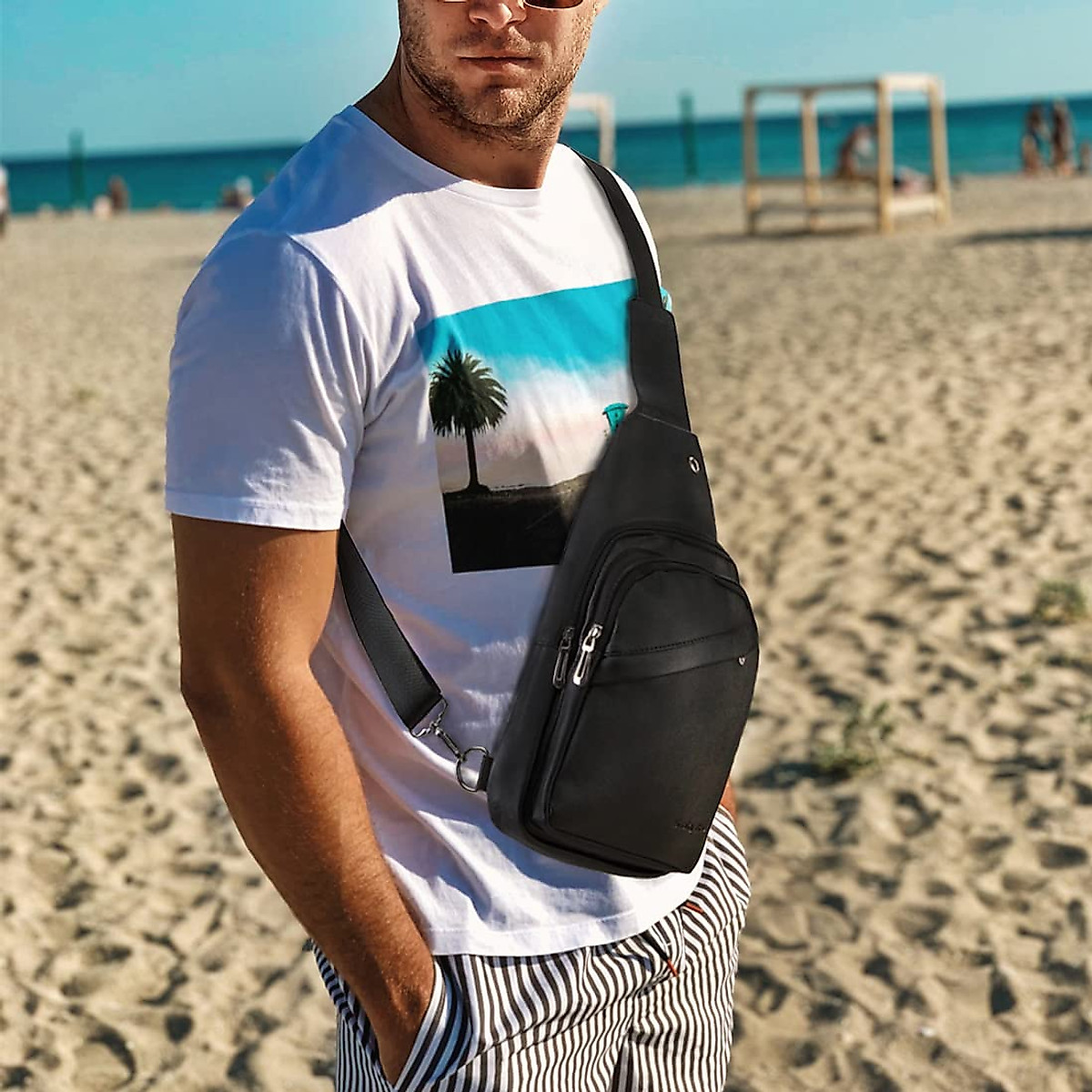 Men's Small Leather Sling Bags Water Resistant Travel Chest Shoulder Crossbody Bag with USB Black