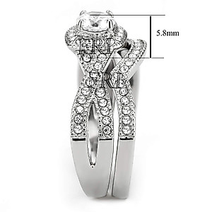 FlameReflection Stainless Steel Rings for Women Infinity Wedding Set Round CZ Cubic Zirconia Halo Engagement Bridal Jewelry Set Size 9