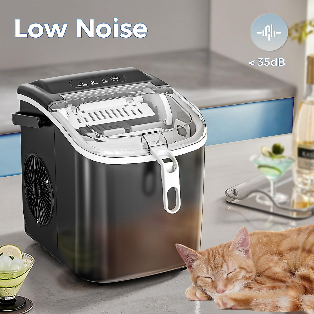 Ice Maker Countertop Self-Cleaning Portable Compact Small Mini Ice Machine with Handle,9 Bullet Ice Cubes in 6 Mins,26Lbs/24H, Bullet Ice Maker with Scoop and Basket for Home Indoor Outdoor Camping