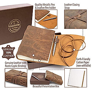 Moonster Leather Journal Notebook Gift Set + Luxury Pen – Handmade Genuine Buffalo Leather Travel Journal Hand-Stitched Coptic Leather Binding – Premium Recycled Acid-Free Unlined Cotton Paper