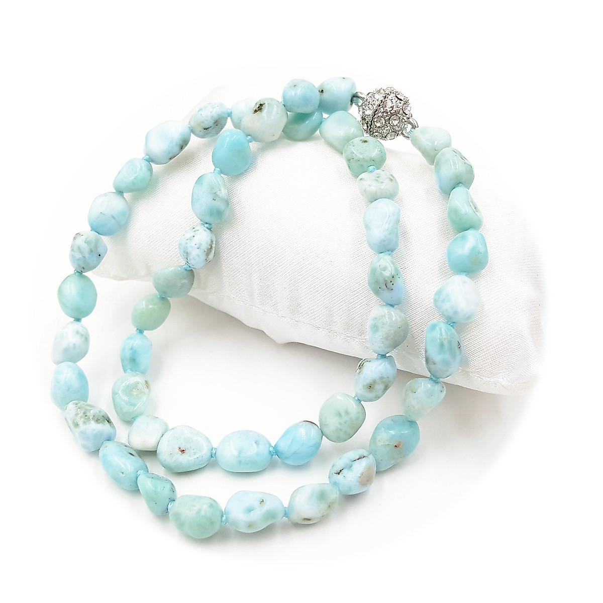 18" Natural Stone Larimar Beads Crystal Magnet Clasp Necklace