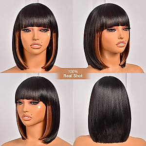 ToyoTress Bob Wig With Bangs - 12 Inch Peek-a-boo Color Short Bob Wig For Black Women Black Mix Brown Daily Costume Wigs, Light Yaki Straight Synthetic Hair Wigs Heat Resistant (12 Inch, SH30-612H)