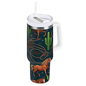 Jihqo Western Cowboy Hats Horses 40 oz Stainless Steel Vacuum Insulated Tumbler with Handle and Straw Lid, Leakproof Water Bottle Double Wall Travel Mug Coffee Cup, Cupholder Friendly