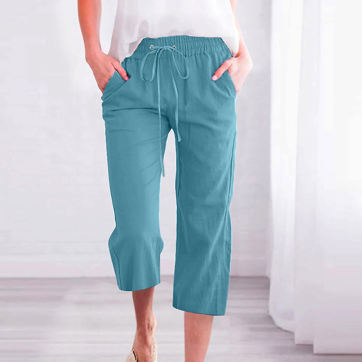 Wide Leg Linen Capri Pants for Women Capri Pants Casual 2023 Summer Drawstring Elastic High Waist Linen Pant Straight Wide Leg Cropped Trouser