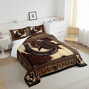 Western Cowboy Comforter Set Queen Size,Texas Star Horseshoes Rustic Bedding Set,Boys Girls Adults Room Decor,Farmhouse Cow Fur Wooden Plank Down Comforter,Brown Retro Duvet Insert,2 Pillowcases