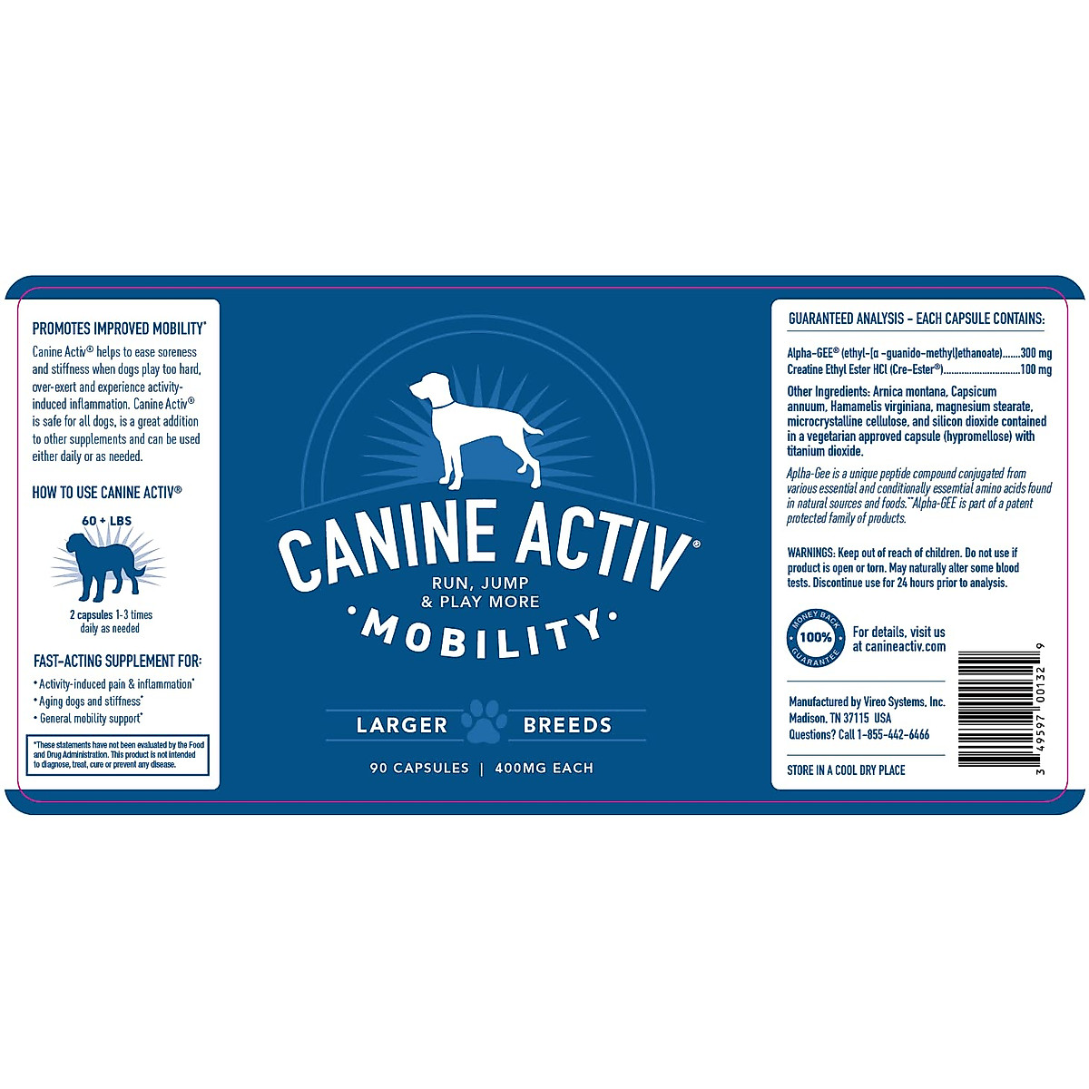 CANINE ACTIV - Dog Joint Pain Relief Activity-Induced Capsules, Dog Joint Supplement Large Breed, Hip and Joint Supplement, Dog Joint Pills for Fast Relief from Activity-Induced Pain - 90 Ct