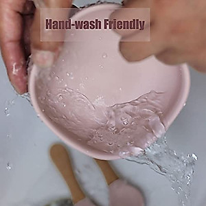 Ginbear Suction Bowls for Baby Girl, Baby Led Weaning Spoon and Fork, Baby Dishes and Utensils Set for Toddlers, Silicone Baby Feeding Set 6-12 Months (Baby Pink)