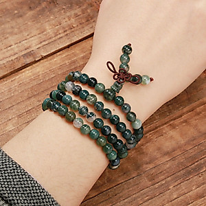 Jovivi 108 Mala Beads Bracelet 6mm Natural Green Moss Agate Gemstone Healing Crystal Stone Beaded Bracelet Hand Knotted Prayer Mala Beads Necklace for Yoga Meditation Balance