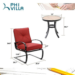 PHI VILLA Outdoor Patio Dining Set of 3, Heavy Duty Spring Dining Chairs and Round Table Bistro Furniture Set with Movable Red Cushioned Seats for Garden & Lawn