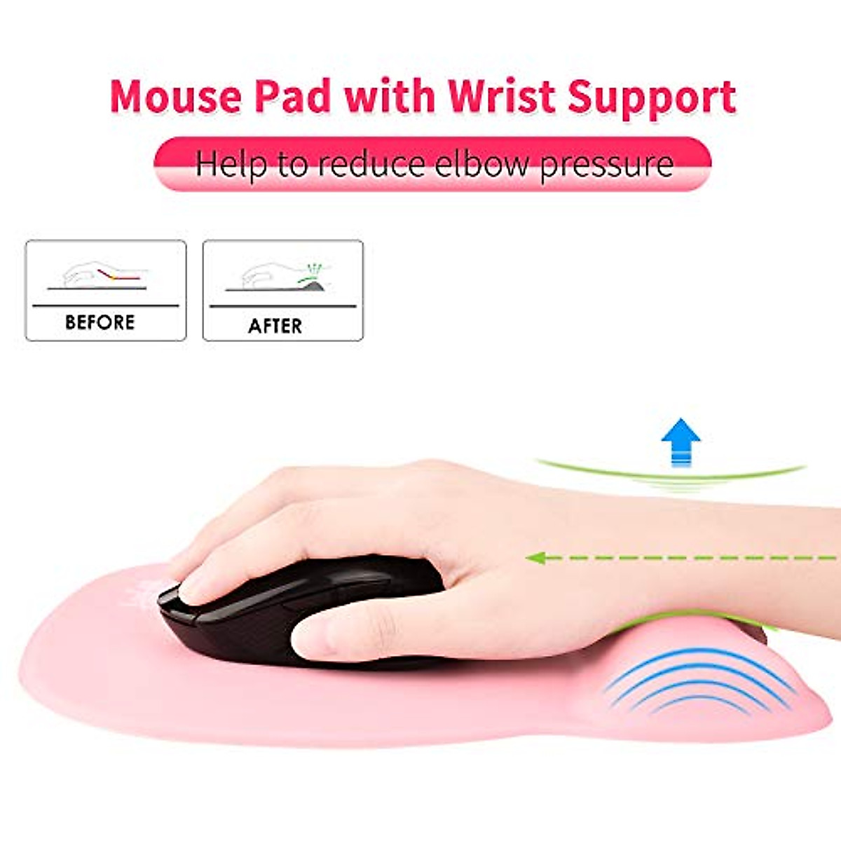 Ergonomic Gaming Mouse Pad with Wrist Support Gel Rest for Laptop at Internet Cafe, Home & Office, Non-Slip Silicone Base Mouse Mat MP04PN - Pink