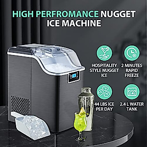 FREE VILLAGE Nugget Ice Maker Countertop, 44Lbs/24H Portable Ice Maker for Soft & Chewable Pellet Ice, Self-Cleaning & Quiet, Ice Machine with Ice Scoop & Basket for Home Office Bar Party-Black