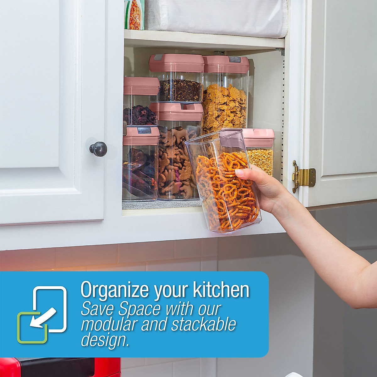 Alphx Innovations Set of 7 Airtight Food Storage Containers - Pantry Organizer Bins, BPA Free Plastic Containers plus Dry Erase Marker and Labels, Pink