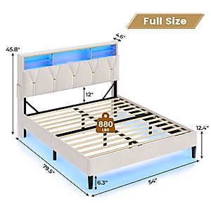BTHFST Full Size Bed Frame with Headboard Storage & LED Lights, Platform Bed Frame Full Size with Charging Station, Velvet Upholstered Bed with Shelf Headboard, No Box Spring Needed, Creamy White