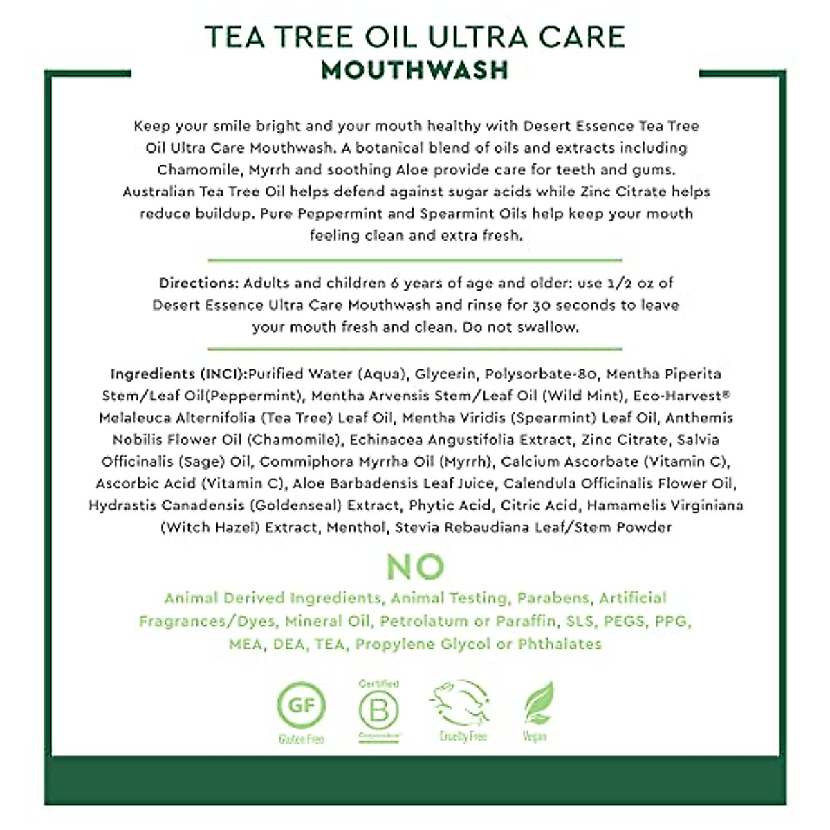 Desert Essence Ultra Care Mouthwash, Mega Mint, 16 fl oz - Alcohol Free, Sugar Free, Gluten Free, Vegan, Non-GMO - Aloe, Sage, Chamomile, Tea Tree Oil, Peppermint & Spearmint Essential Oils