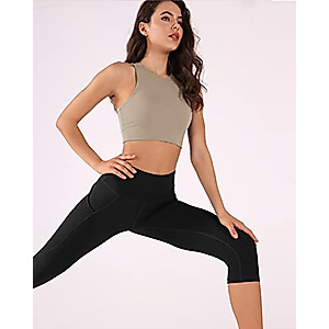 ODODOS Women's High Waisted Yoga Capris with Pockets,Tummy Control Non See Through Workout Sports Running Capri Leggings, Black,Medium
