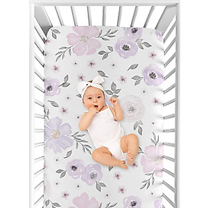 Sweet Jojo Designs Lavender Purple Boho Floral Girl Baby Fitted Crib Sheet Set Nursery Soft Infant Newborn Standard Mattress Toddler Bed Pink Grey White Bohemian Shabby Chic Rose Watercolor Flower