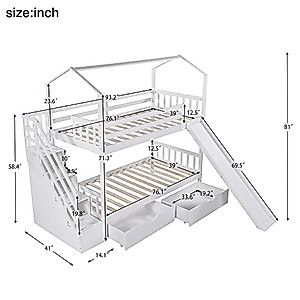 ERDAYE Soild Wood Twin Over Twin House Bunk Bed Frame with Two Drawers, Slide and Storage Staircase,White