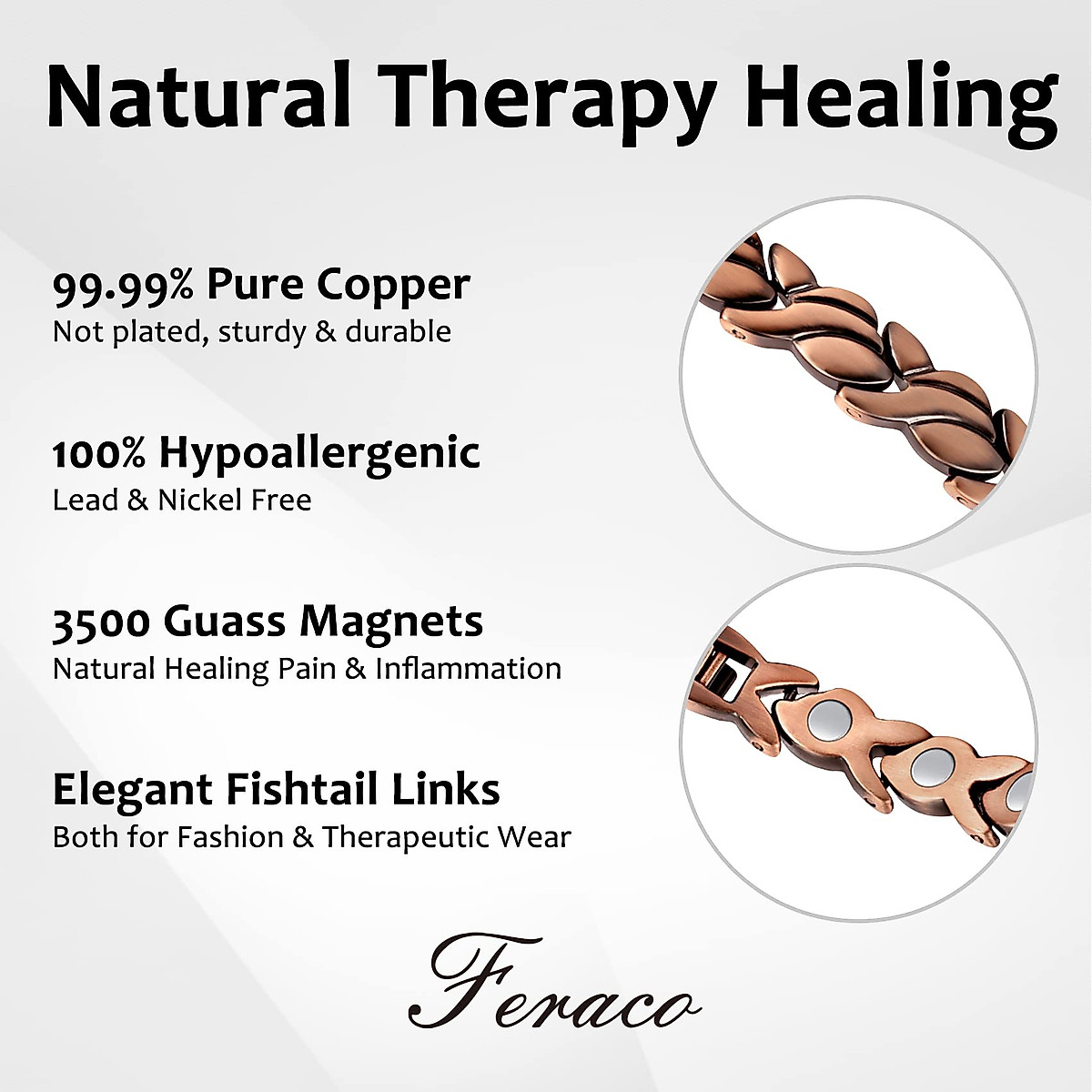 Feraco Copper Bracelet for Women for 99.99% Solid Copper Magnetic Bracelets Unique X Shape Links Magnet Jewelry (Fishtail with Ring)